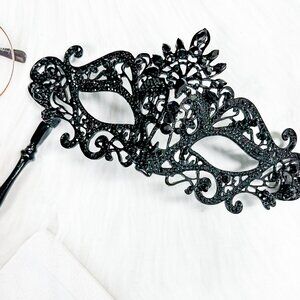 Handmade | Accessories | Masquerade Mask With Stick Black Crystal Mask ...
